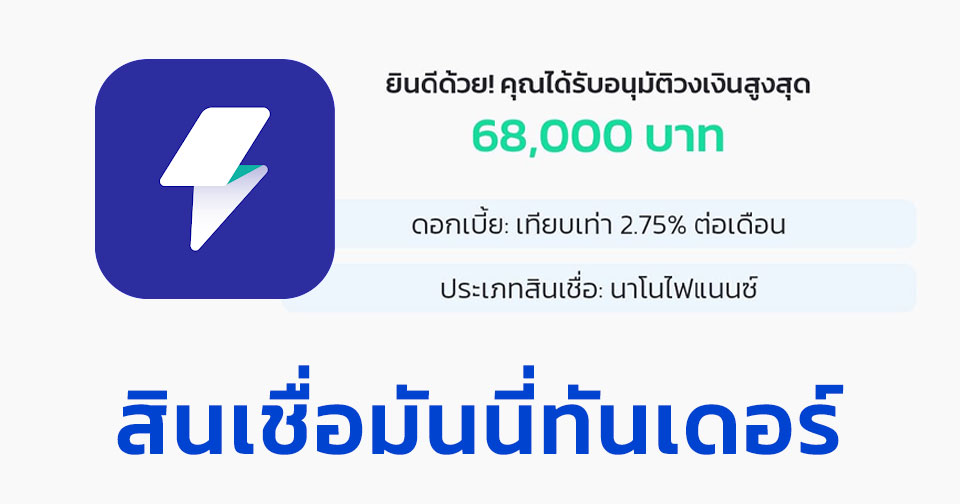 สินเชื่อมันนี่ทันเดอร์ money thunder ได้วงเงิน 100,000 บาท